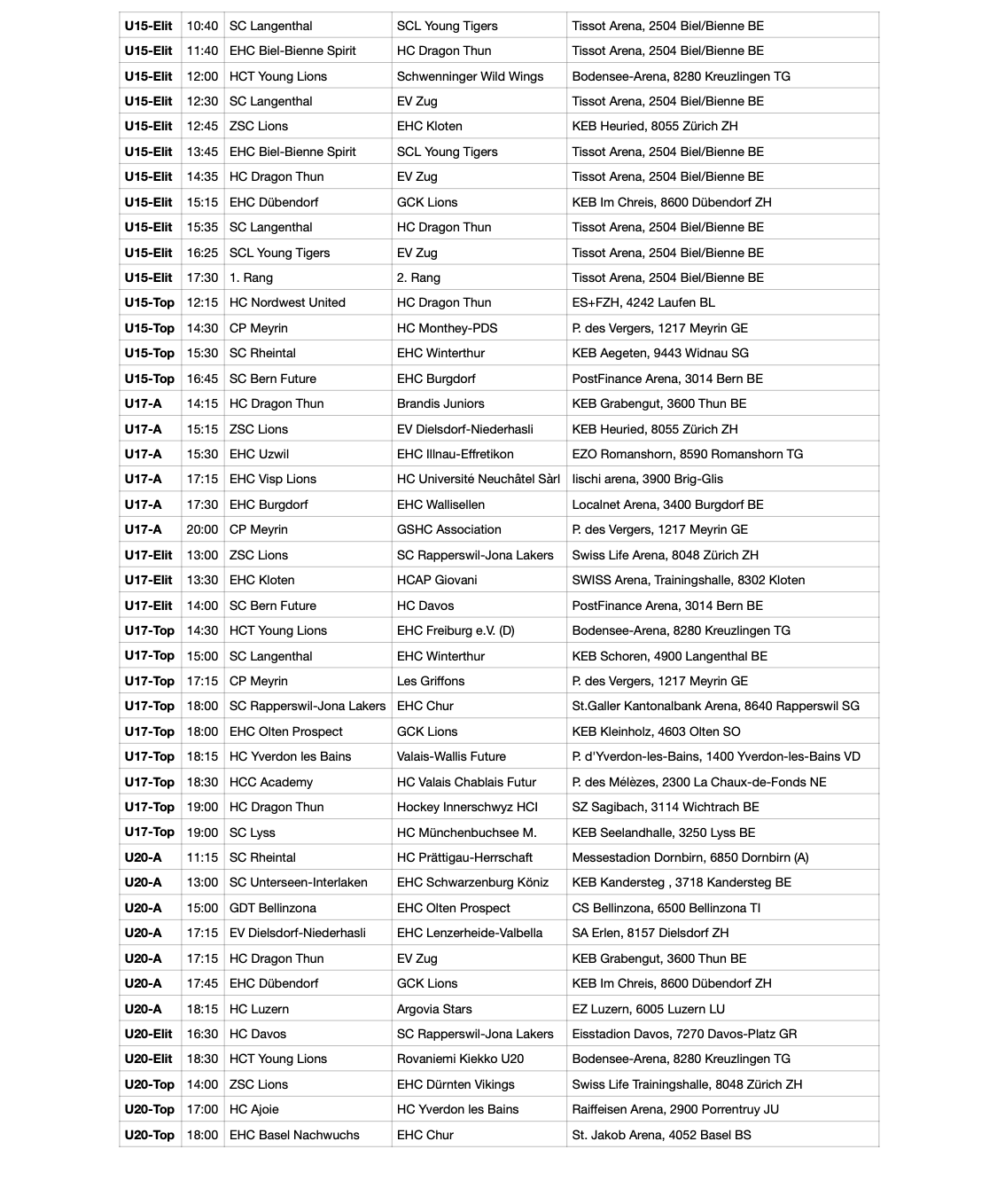 SIHF - Programme des matchs du jour | Planète Hockey