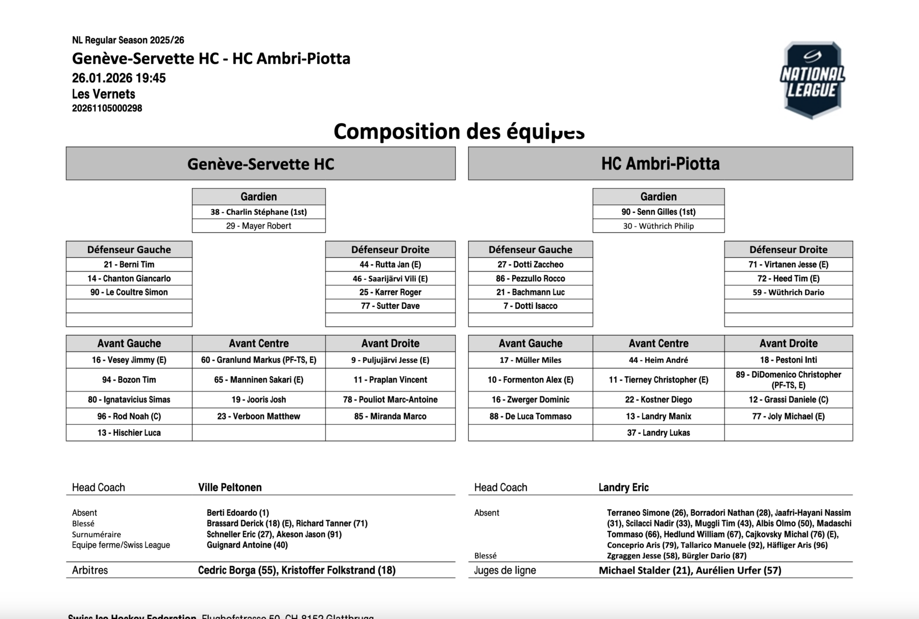 NATIONAL LEAGUE - Genève vs Ambrì-Piotta: le line-up | Planète Hockey